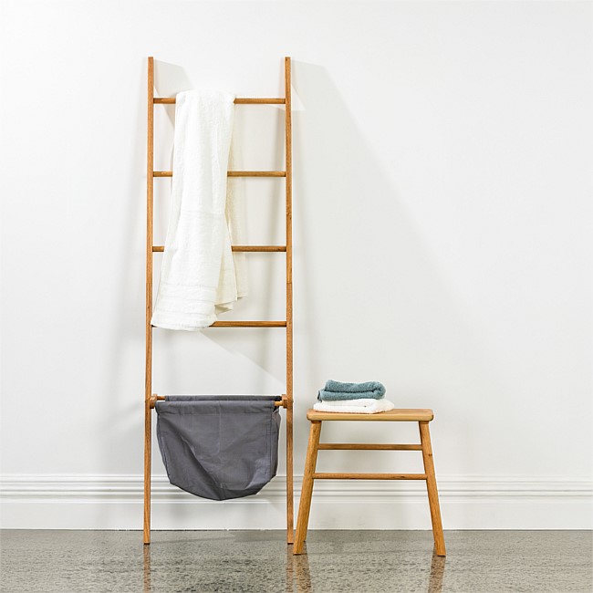 Bathroom Furniture - Solace Boston Wooden Ladder with Canvas Basket Natural